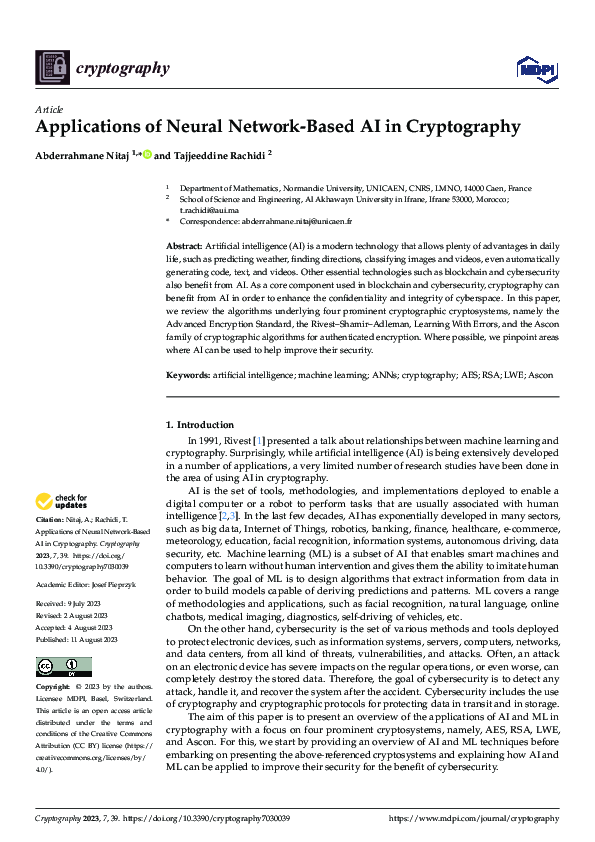 (PDF) Applications of Neural Network-Based AI in Cryptography