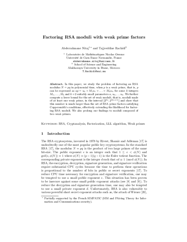 (PDF) Factoring RSA moduli with weak prime factors