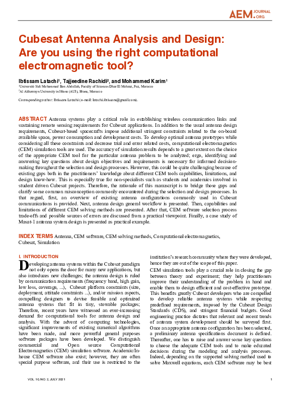 (PDF) Cubesat Antenna Analysis and Design: Are you using the right computational electromagnetic ...
