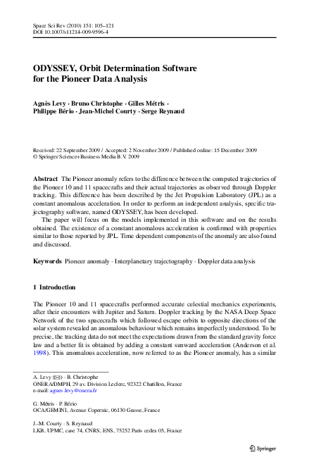 (PDF) ODYSSEY, Orbit Determination Software for the Pioneer Data Analysis