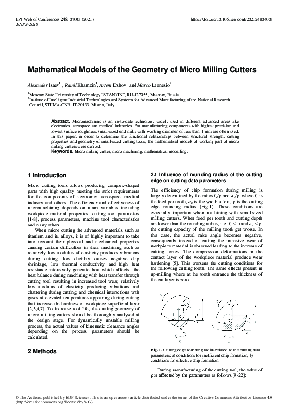 (PDF) Mathematical Models of the Geometry of Micro Milling Cutters