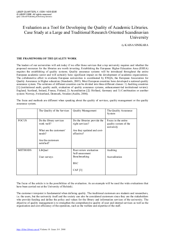 (PDF) Evaluation as a Tool for Developing the Quality of Academic Libraries. Case Study at a ...