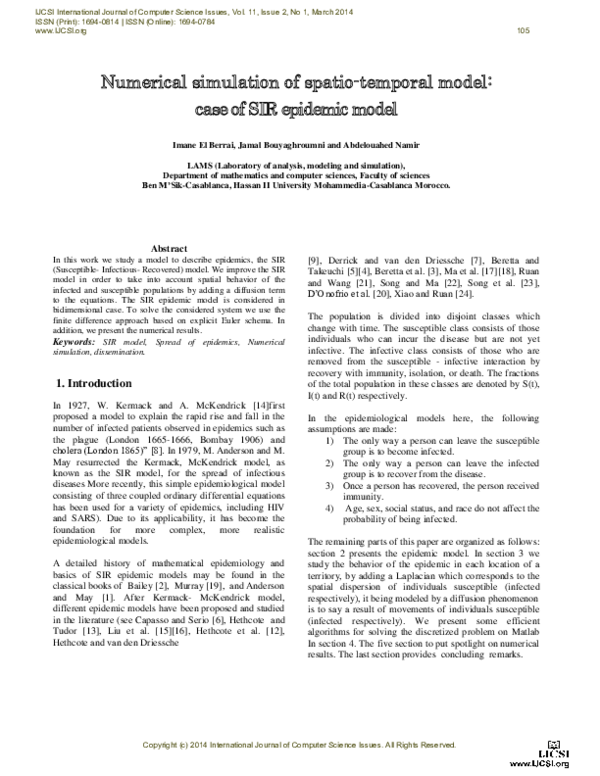 Pdf Numerical Simulation Of Spatio Temporal Model Case Of Sir Epidemic Model Abdelwahed