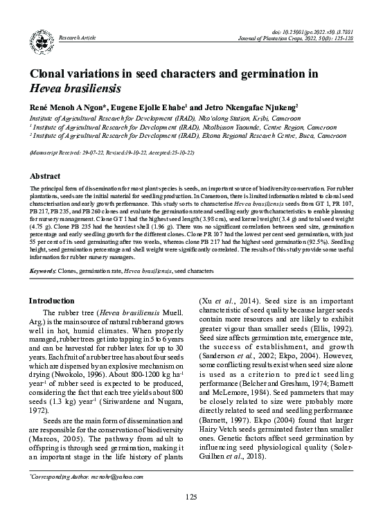 (PDF) Clonal variations in seed characters and germination in Hevea brasiliensis