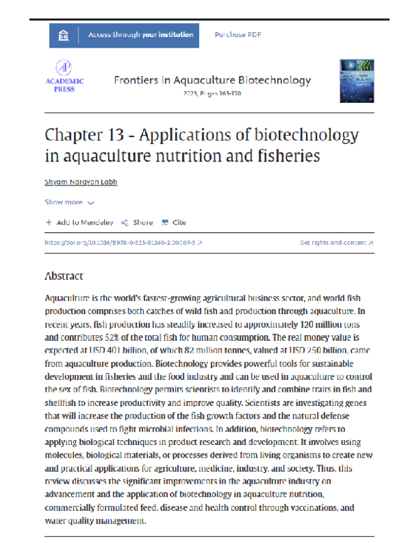 (PDF) Applications of biotechnology in aquaculture nutrition and fisheries