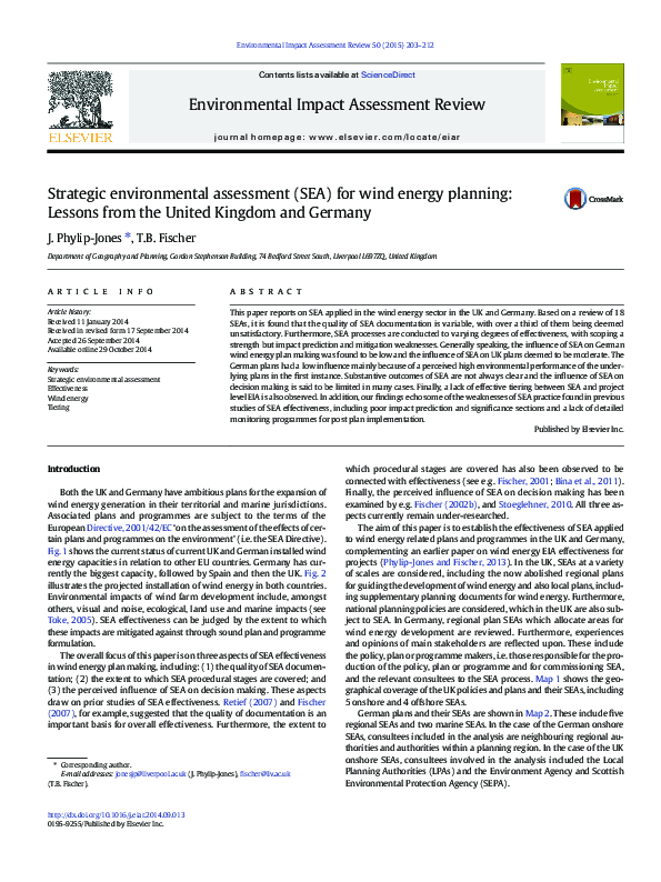 (PDF) Strategic environmental assessment (SEA) for wind energy planning: Lessons from the United ...