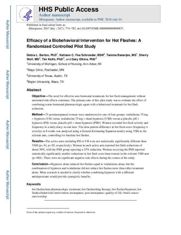 (PDF) Efficacy of a biobehavioral intervention for hot flashes: a ...