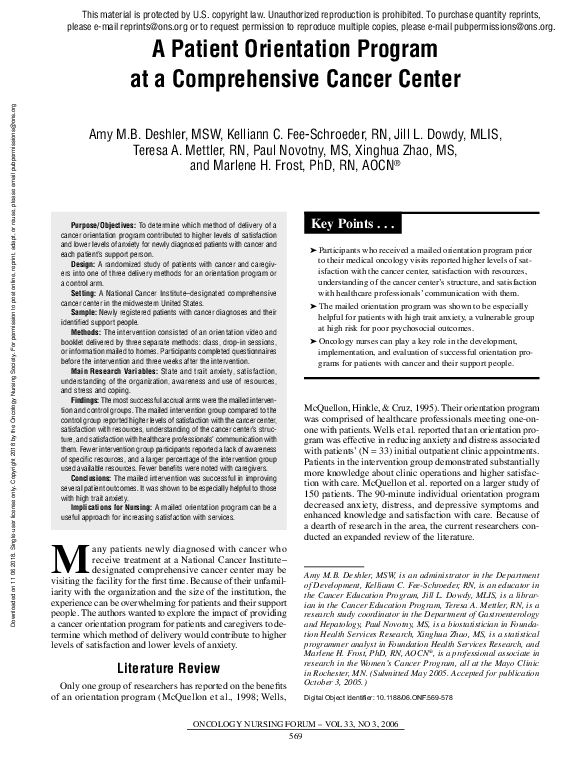 (PDF) A Patient Orientation Program at a Comprehensive Cancer Center