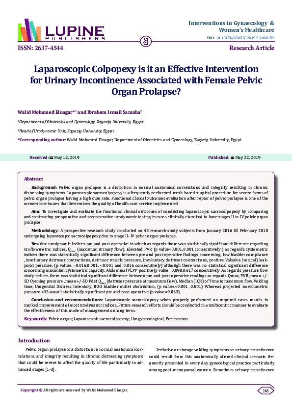 (PDF) Laparoscopic Colpopexy is it an Effective Interventionfor Urinary ...