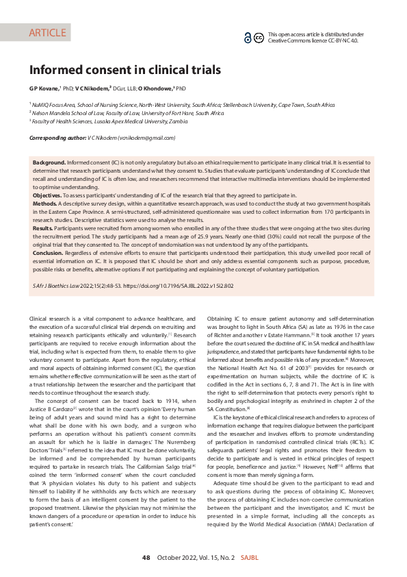 (PDF) Informed consent in clinical trials