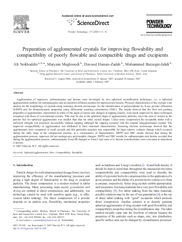 (PDF) Preparation of agglomerated crystals for improving flowability ...