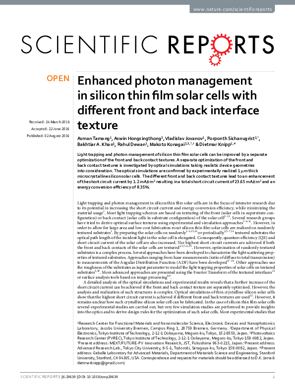 (PDF) Enhanced photon management in silicon thin film solar cells with ...