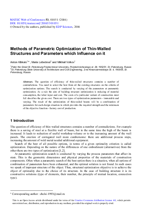 (PDF) Methods of Parametric Optimization of Thin-Walled Structures and Parameters which ...