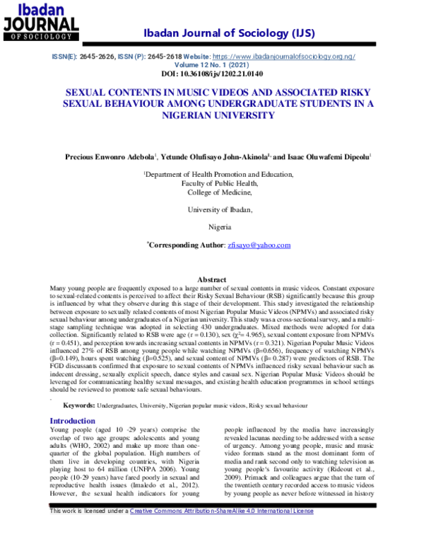 (PDF) Sexual-Related Contents In Music Videos And Associated Risky Sexual Behaviour among ...