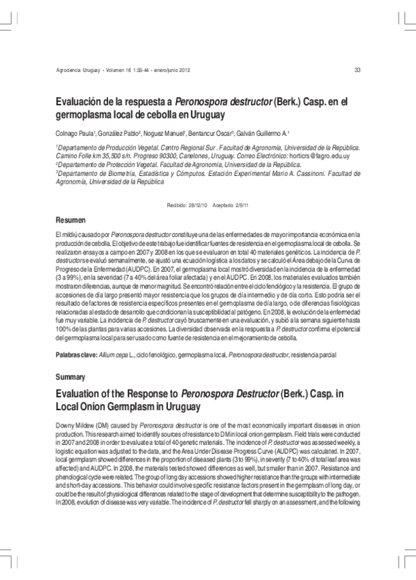 (PDF) Evaluación de la respuesta a Peronospora destructor (Berk.) Casp ...