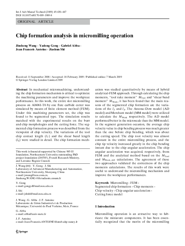 (PDF) Chip formation analysis in micromilling operation | Jean Bernard Antoine Antoine ...
