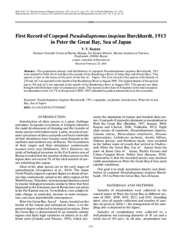 (PDF) First record of copepod Pseudodiaptomus inopinus Burckhardt, 1913 in Peter the Great Bay ...