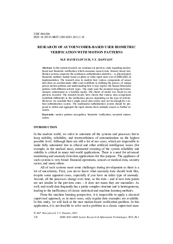 (PDF) Autoencoder-Based Biometric Verification via Motion