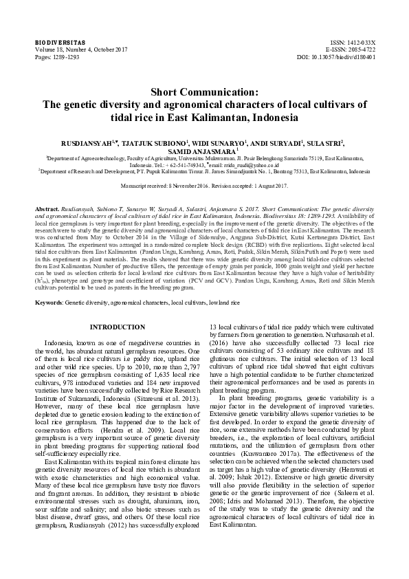 (PDF) Short Communication: The genetic diversity and agronomical ...