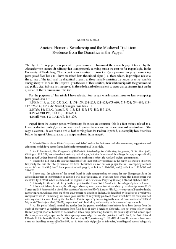 (PDF) Ancient Homeric Scholarship and the Medieval Tradition: Evidence ...