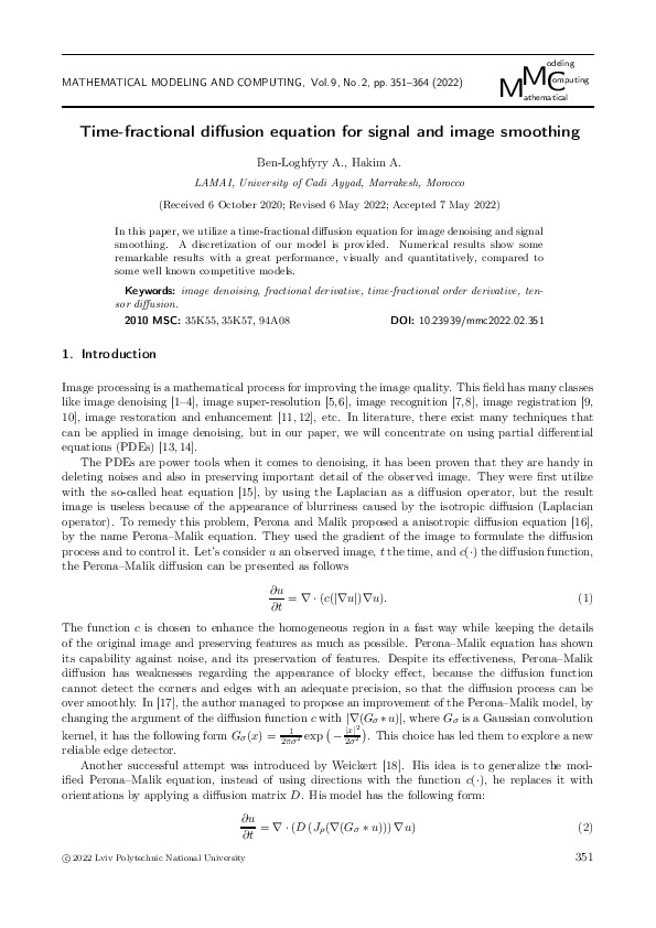 Pdf Time Fractional Diffusion Equation For Signal And Image Smoothing