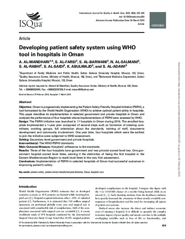 (PDF) Developing patient safety system using WHO tool in hospitals in Oman