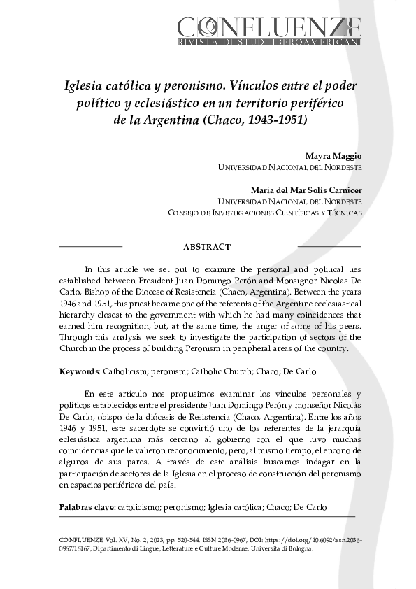 (PDF) Iglesia católica y peronismo. Vínculos entre el poder político y ...