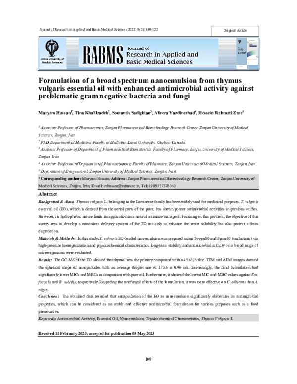 Pdf Formulation Of A Broad Spectrum Nanoemulsion From Thymus Vulgaris Essential Oil With