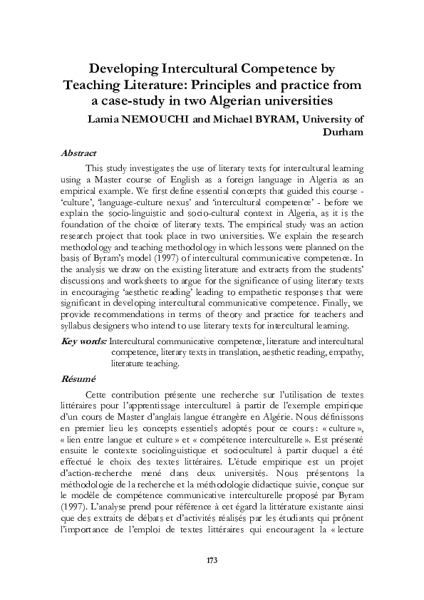 (PDF) Developing Intercultural Competence by Teaching Literature