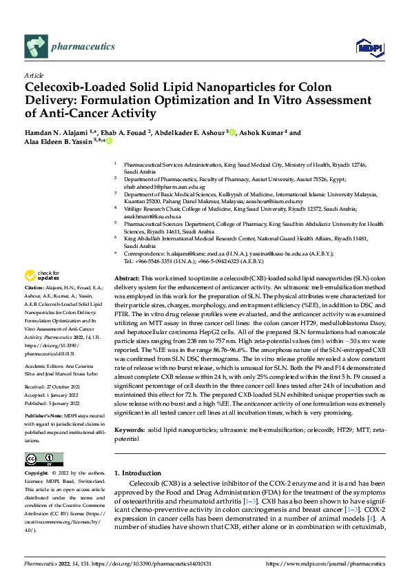 (PDF) Celecoxib-Loaded Solid Lipid Nanoparticles for Colon Delivery: Formulation Optimization ...