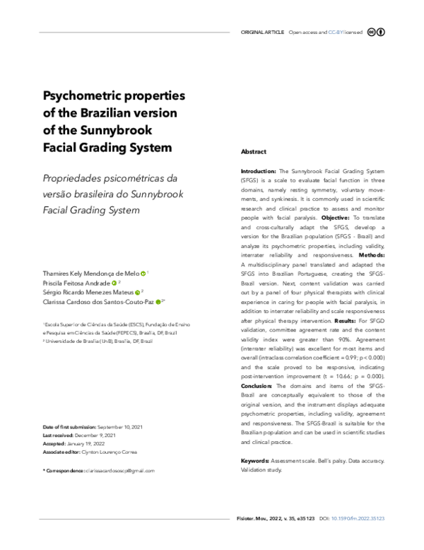 (PDF) Psychometric properties of the Brazilian version of the Sunnybrook Facial Grading System