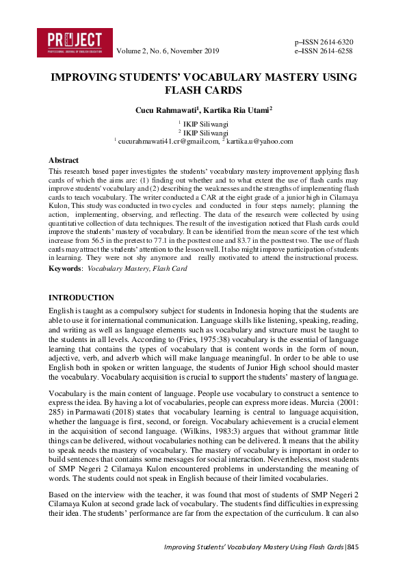 Pdf Improving Students Vocabulary Mastery Using Flash Cards