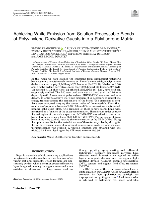 (PDF) Achieving White Emission from Solution Processable Blends of ...