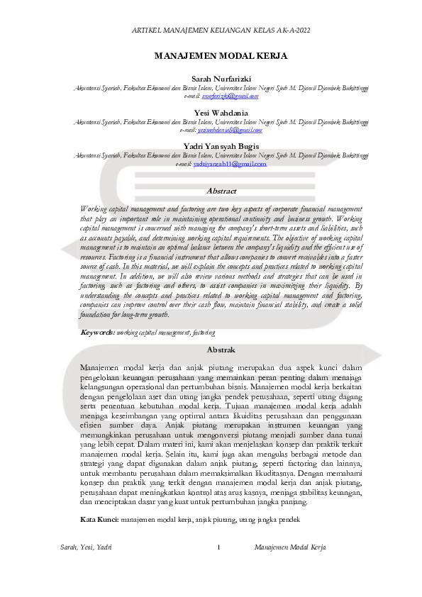 (PDF) Artikel Kel.6 Manajemen Modal Kerja MK AK-3A