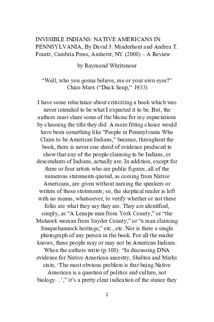 (DOC) INVISIBLE INDIANS: NATIVE AMERICANS IN PENNSYLVANIA, By