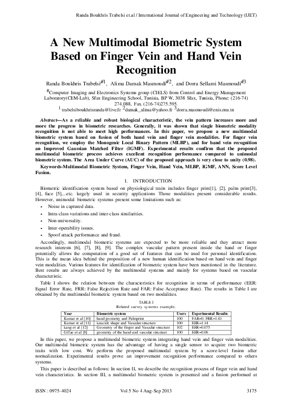 (PDF) A New Multimodal Biometric System Based on Finger Vein and Hand Vein Recognition