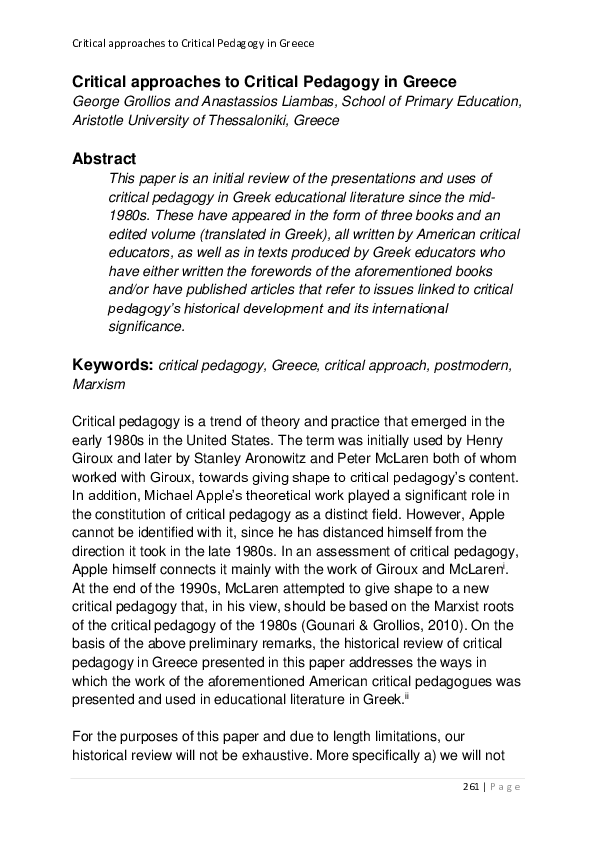 (PDF) Critical Approaches to Critical Pedagogy in Greece