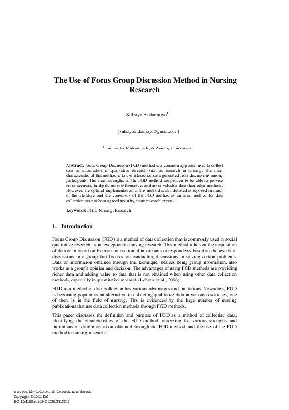 (PDF) The Use of Focus Group Discussion Method in Nursing Research