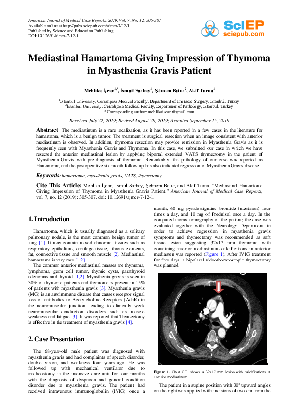 (PDF) Mediastinal Hamartoma Giving Impression of Thymoma in Myasthenia Gravis Patient | Akif ...