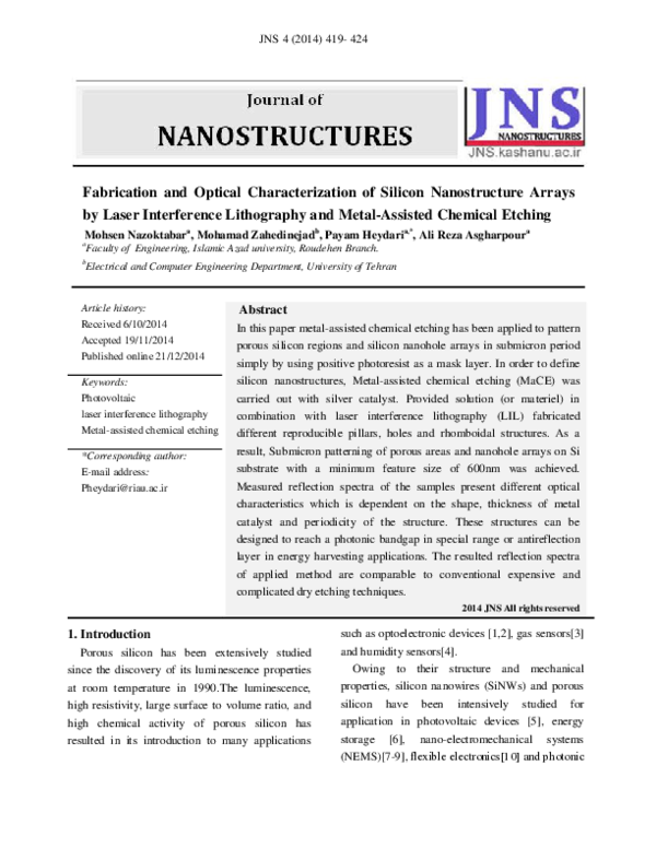 (PDF) Fabrication and Optical Characterization of Silicon Nanostructure Arrays by Laser ...