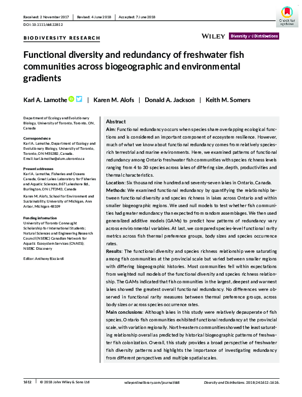 (PDF) Functional diversity and redundancy of freshwater fish communities across biogeographic ...