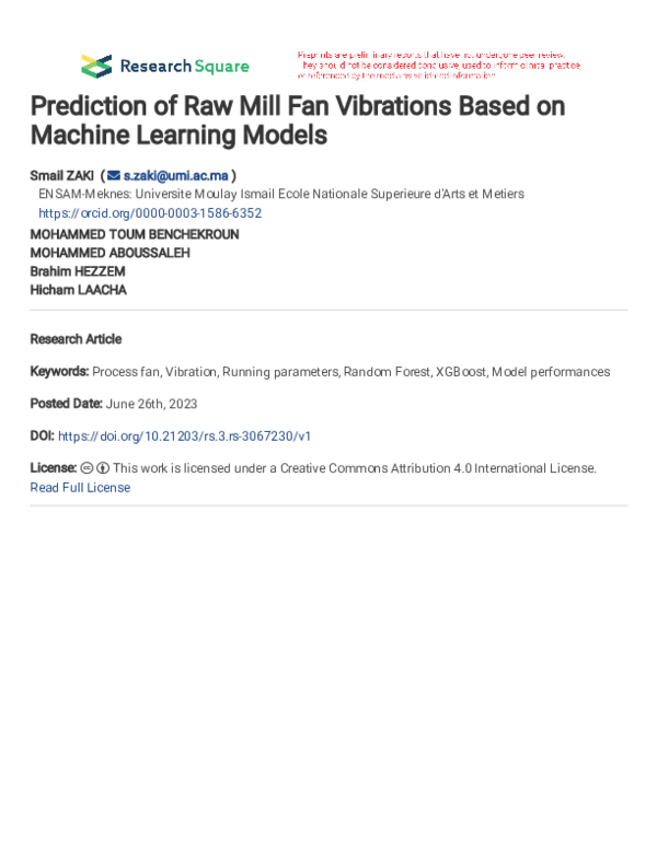 (PDF) Prediction of Raw Mill Fan Vibrations Based on Machine Learning Models