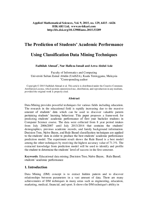 (PDF) The prediction of students' academic performance using classification data mining techniques