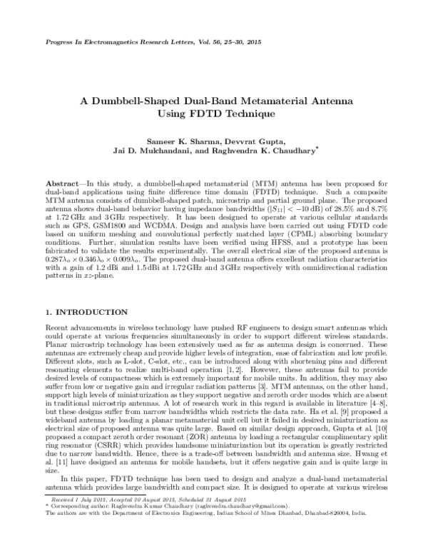 (PDF) A Dumbbell-Shaped Dual-Band Metamaterial Antenna Using FDTD Technique