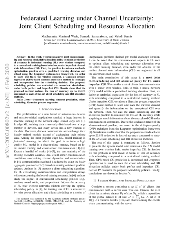 (PDF) Federated Learning under Channel Uncertainty: Joint Client Scheduling and Resource Allocation