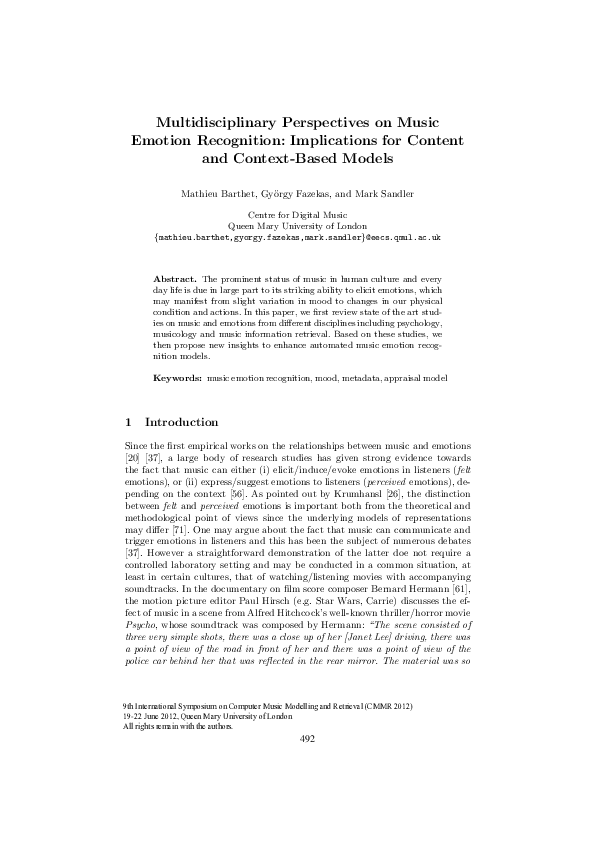 Pdf Multidisciplinary Perspectives On Music Emotion Recognition