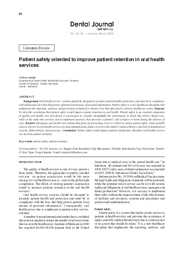 (PDF) Patient safety oriented to improve patient retention in oral ...