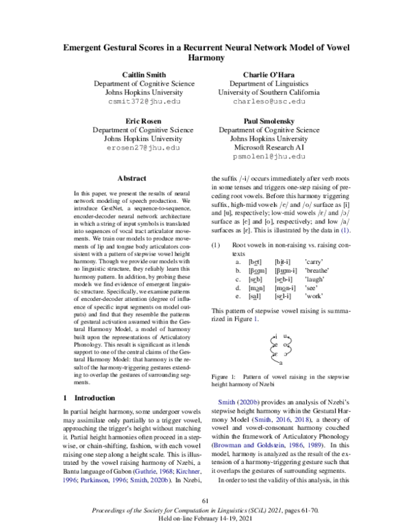 (PDF) Emergent Gestural Scores in a Recurrent Neural Network Model of Vowel Harmony | Paul ...