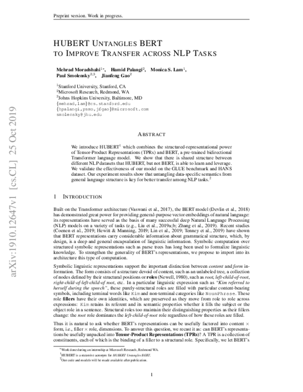 (PDF) HUBERT Untangles BERT to Improve Transfer across NLP Tasks | Paul ...