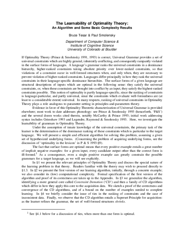 (PDF) The Learnability of Optimality Theory: An Algorithm and Some Basic Complexity Results